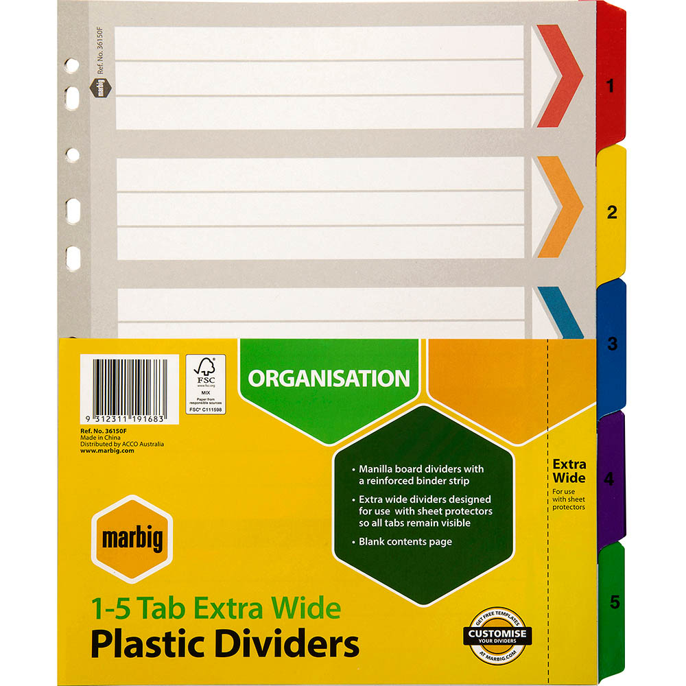 Dividers - MARBIG PLASTIC DIVIDER EXTRA WIDE A4 1-5 TAB MULTI COLOUR ...